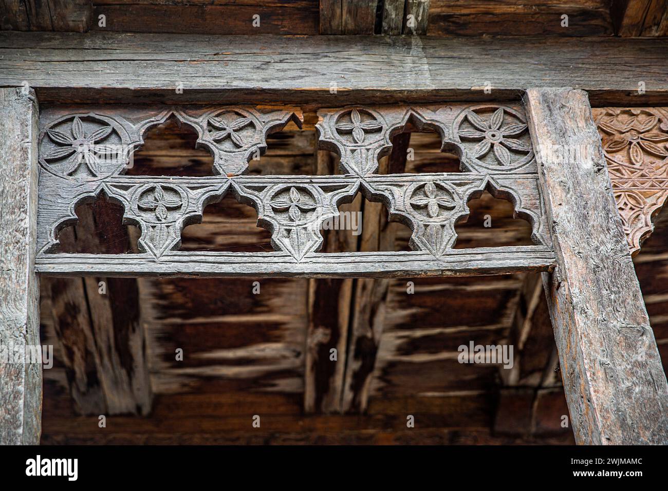 Old wooden carved building architecture in Ganish (Ganesh) village in ...