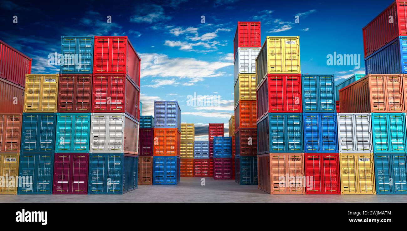 Many colorful shipping cargo containers in terminal - 3D illustration ...
