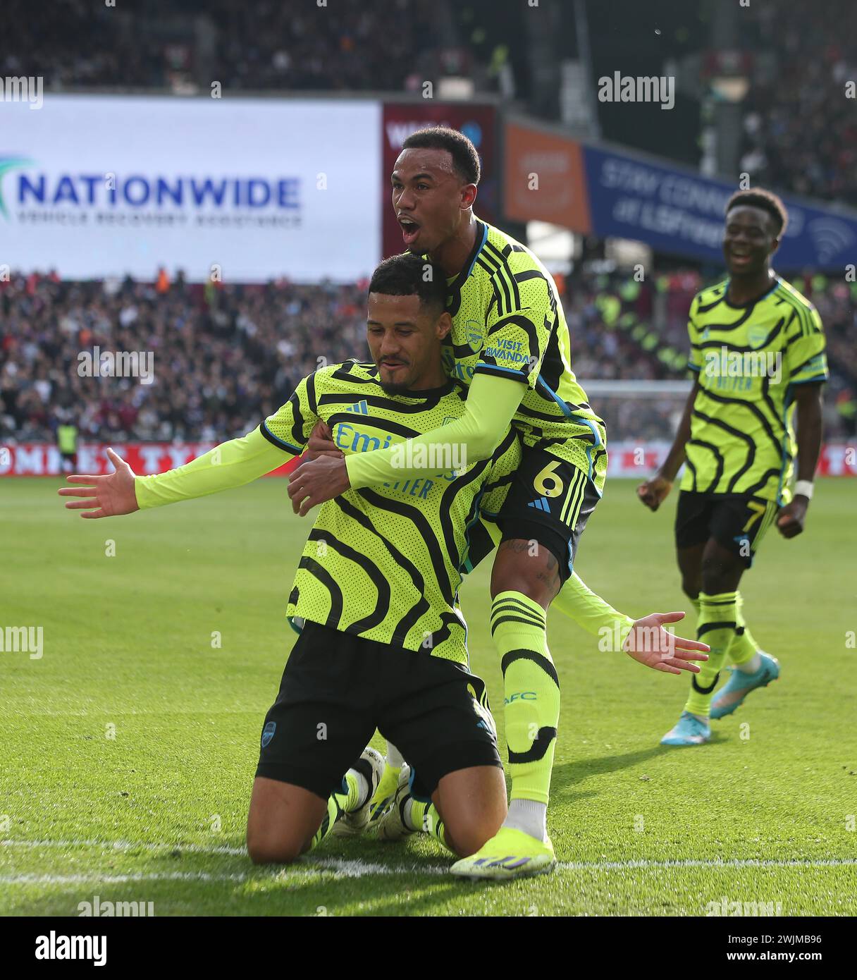 GOAL 1-0, William Saliba of Arsenal goal celebration with Gabriel of ...
