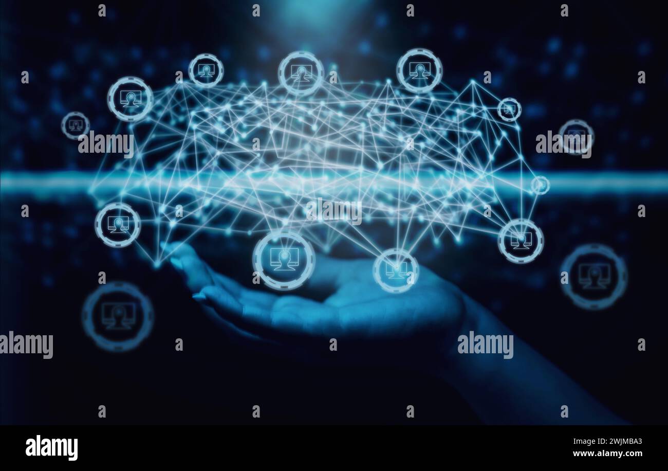 Hand holding virtual data network web internet connections with ...
