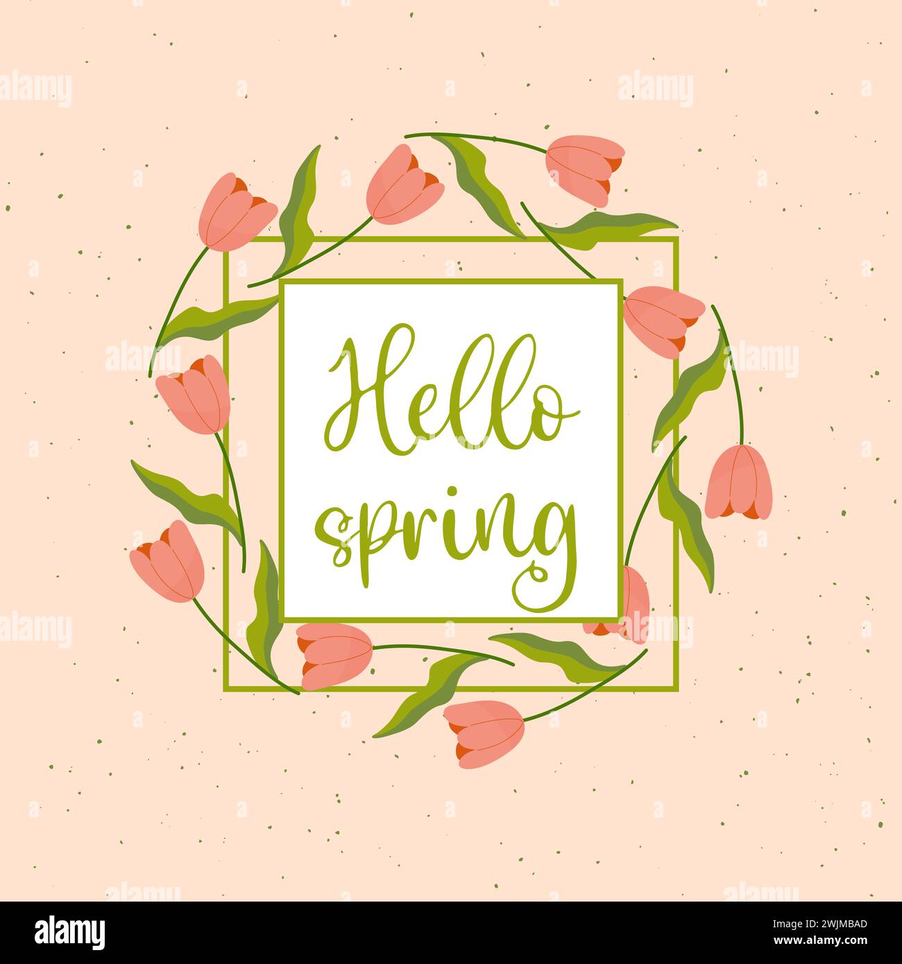 Hello spring, pink background, frame with tulips, and dots on ...