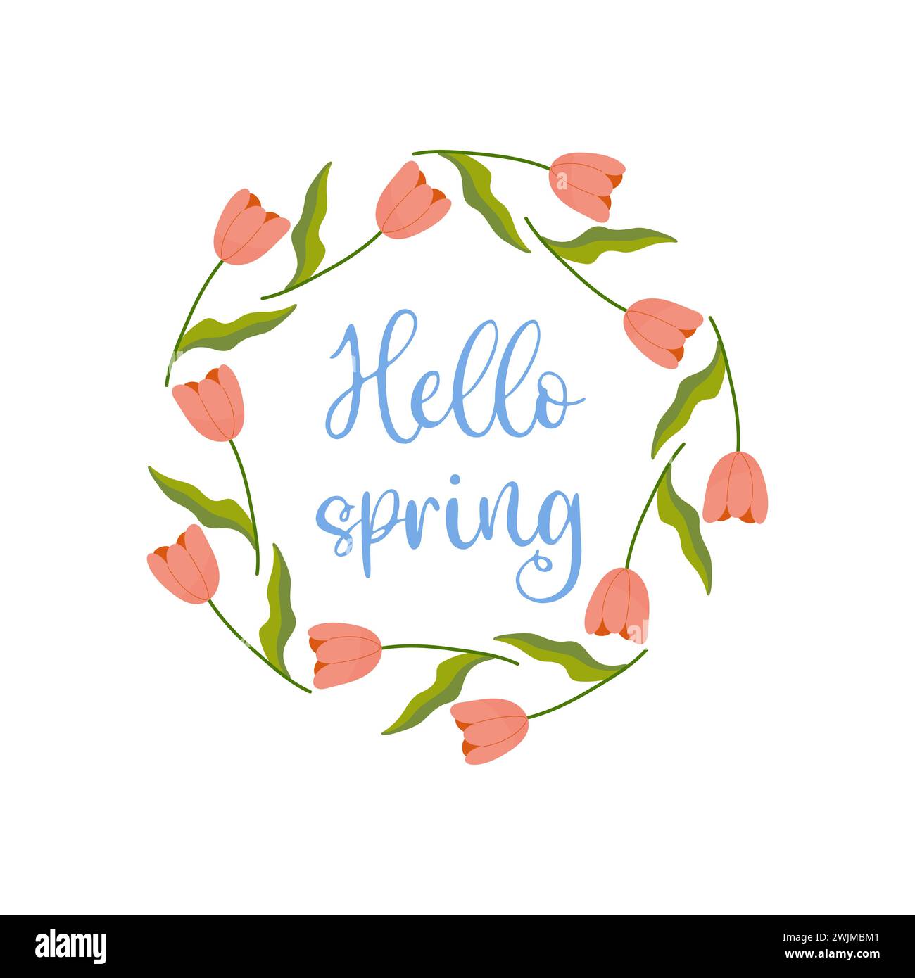 Hello spring, pink background, frame with tulips white isolated ...
