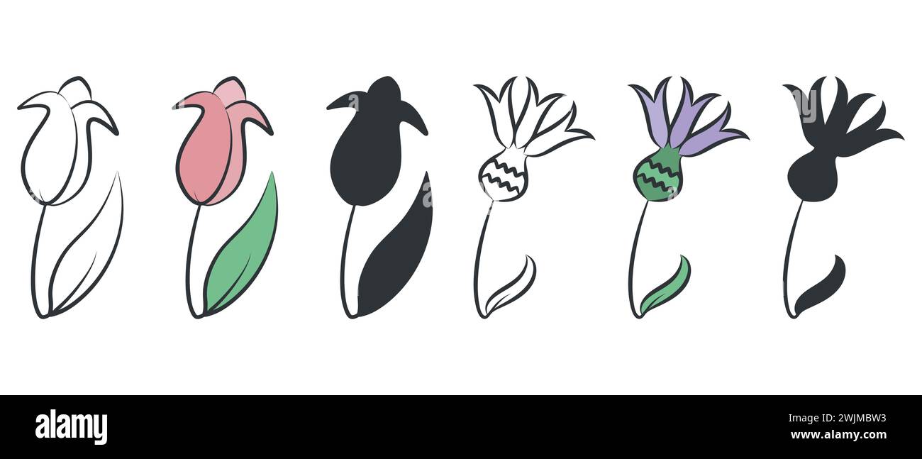 Flower icon set. Tulip, cornflower one line symbols. Hand drawn bold ...