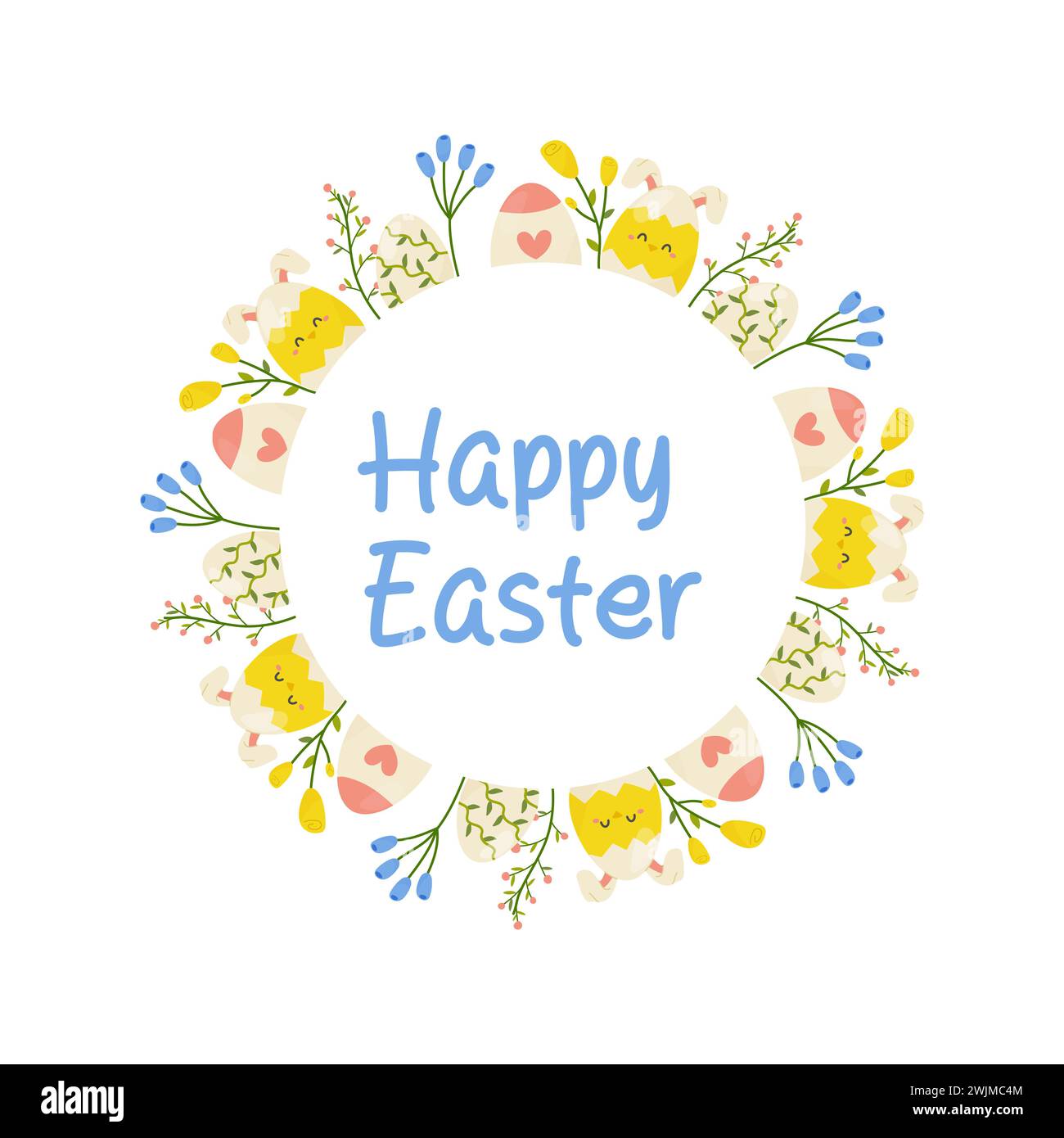 happy easter, frame with flowers and eggs on white background, copy ...