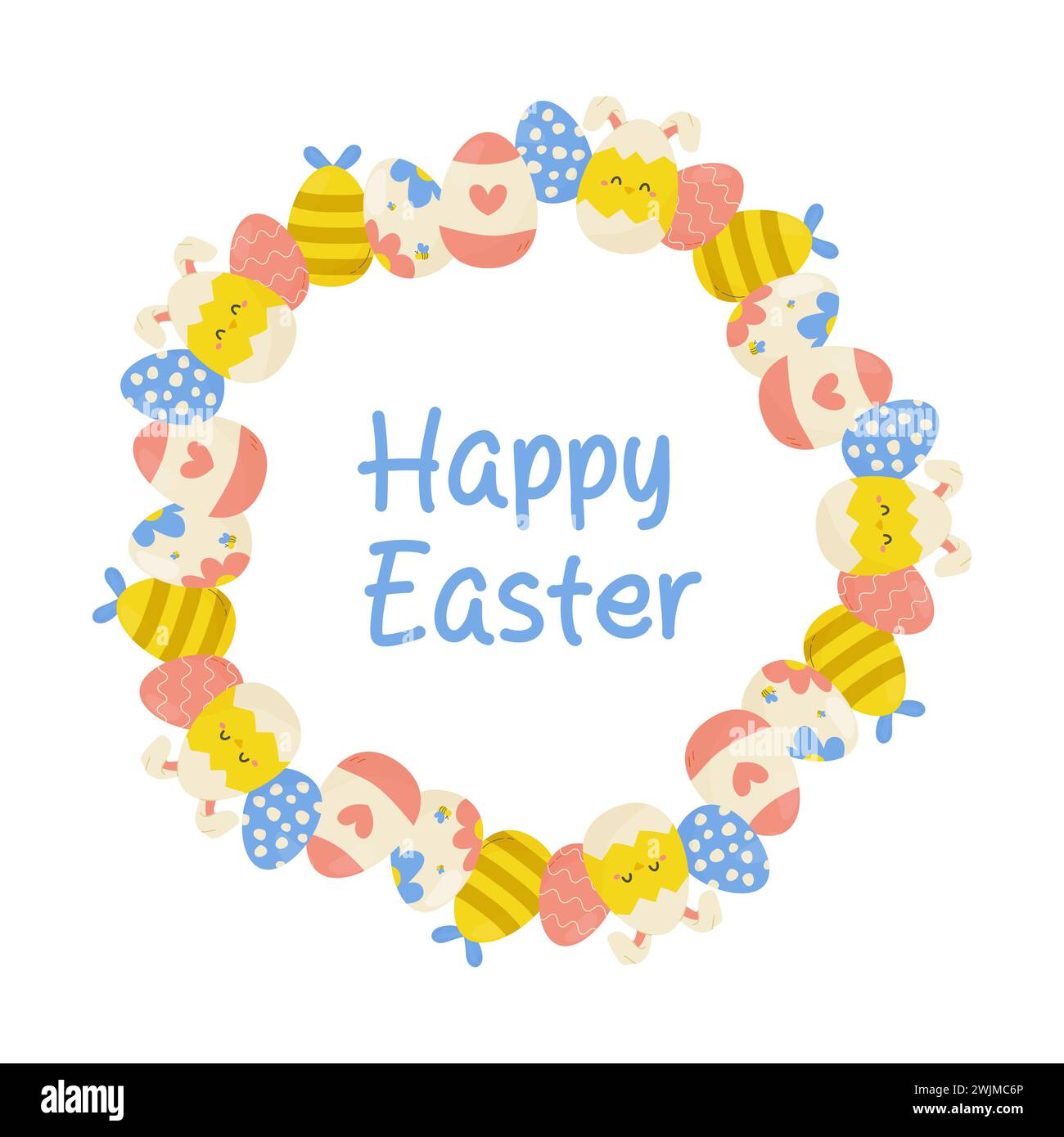 happy easter, frame with flowers and eggs on white background, copy space. Vector for postcard ...