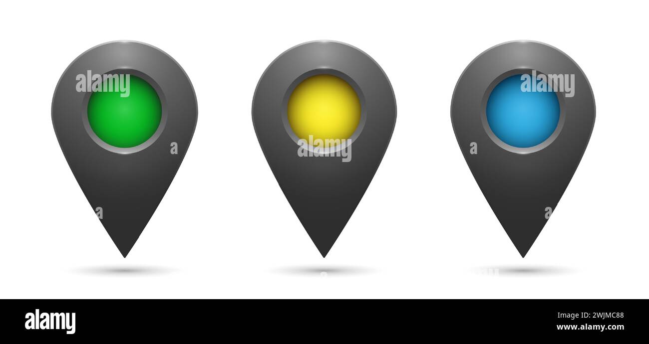 Realistic gray geolocation icons with colored inserts on a white ... Realistic gray geolocation icons with colored inserts on a white ...