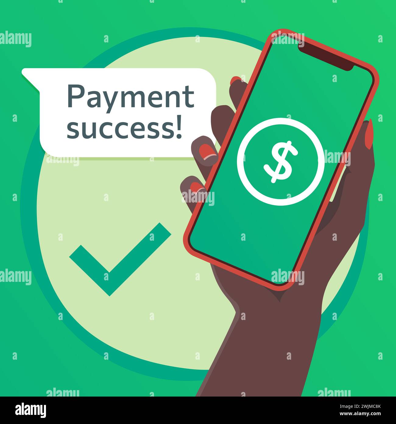 Mobile payment success. Received and transferred with check mark on ...