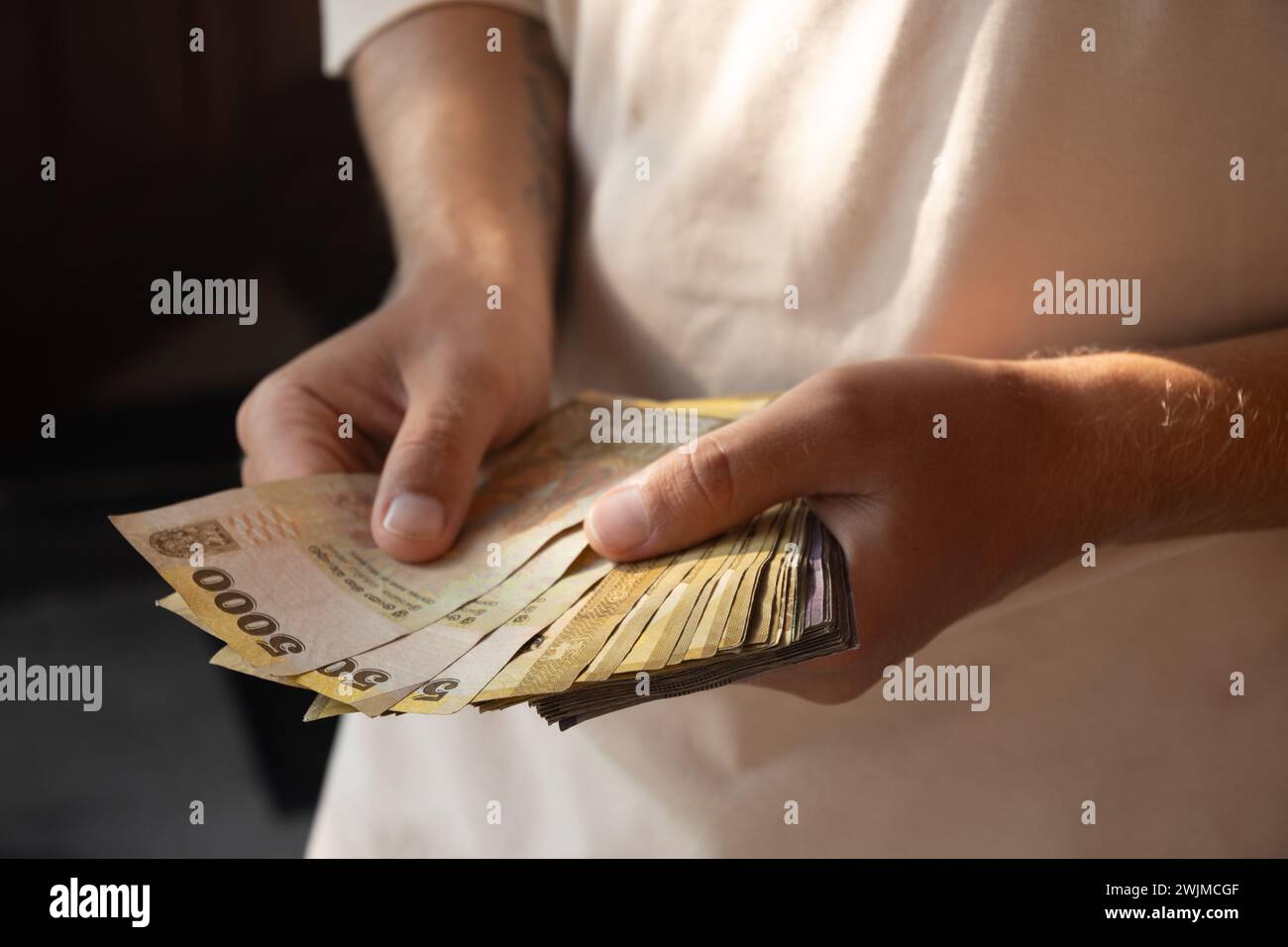 Sri Lankan rupees in mans hand counting of different denominations ...