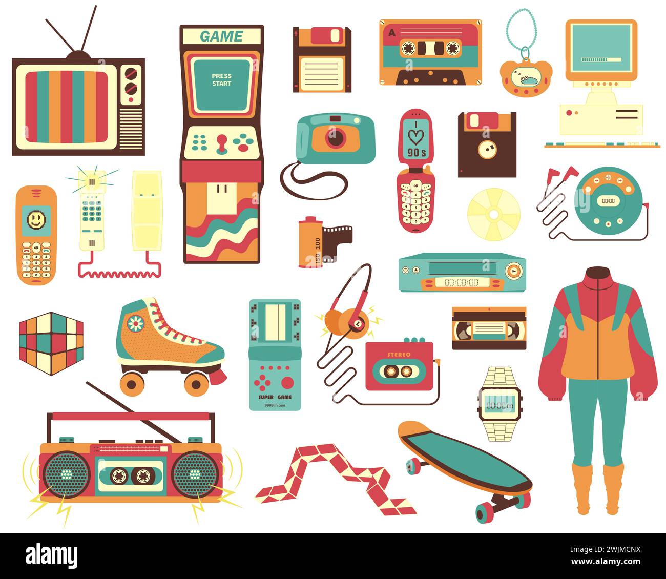 Vector illustration in 90s style. A large selection of items reflecting ...