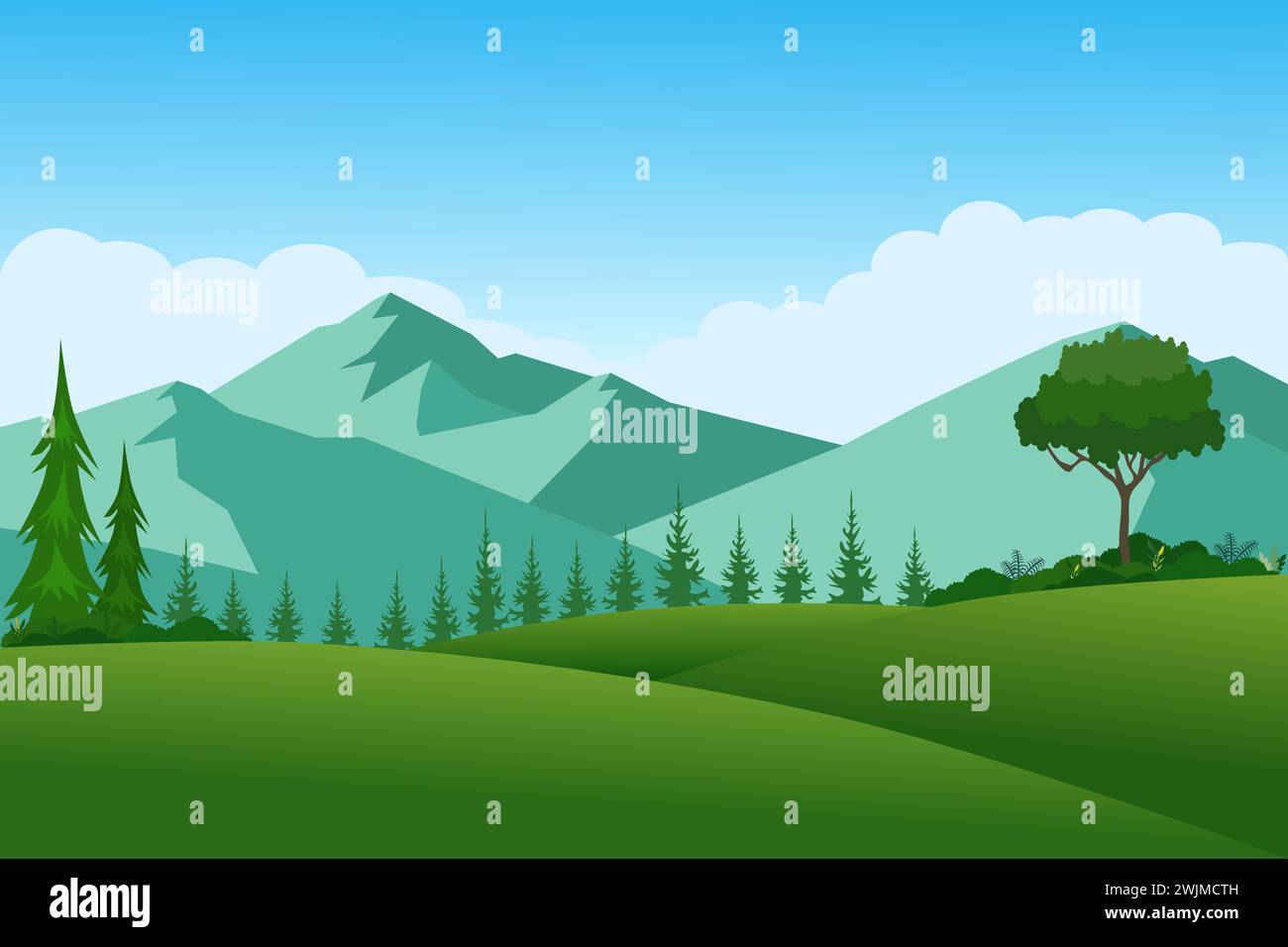 Mountains landscape with green meadows and trees in the morning. Vector ... Mountains landscape with green meadows and trees in the morning. Vector ...