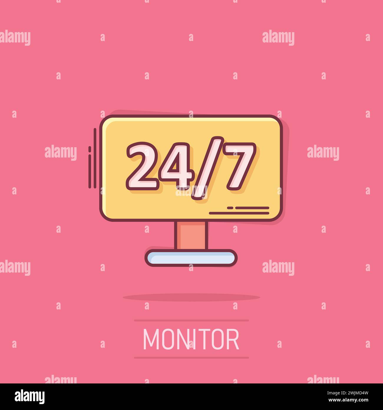 24/7 computer icon in comic style. All day service cartoon vector ...