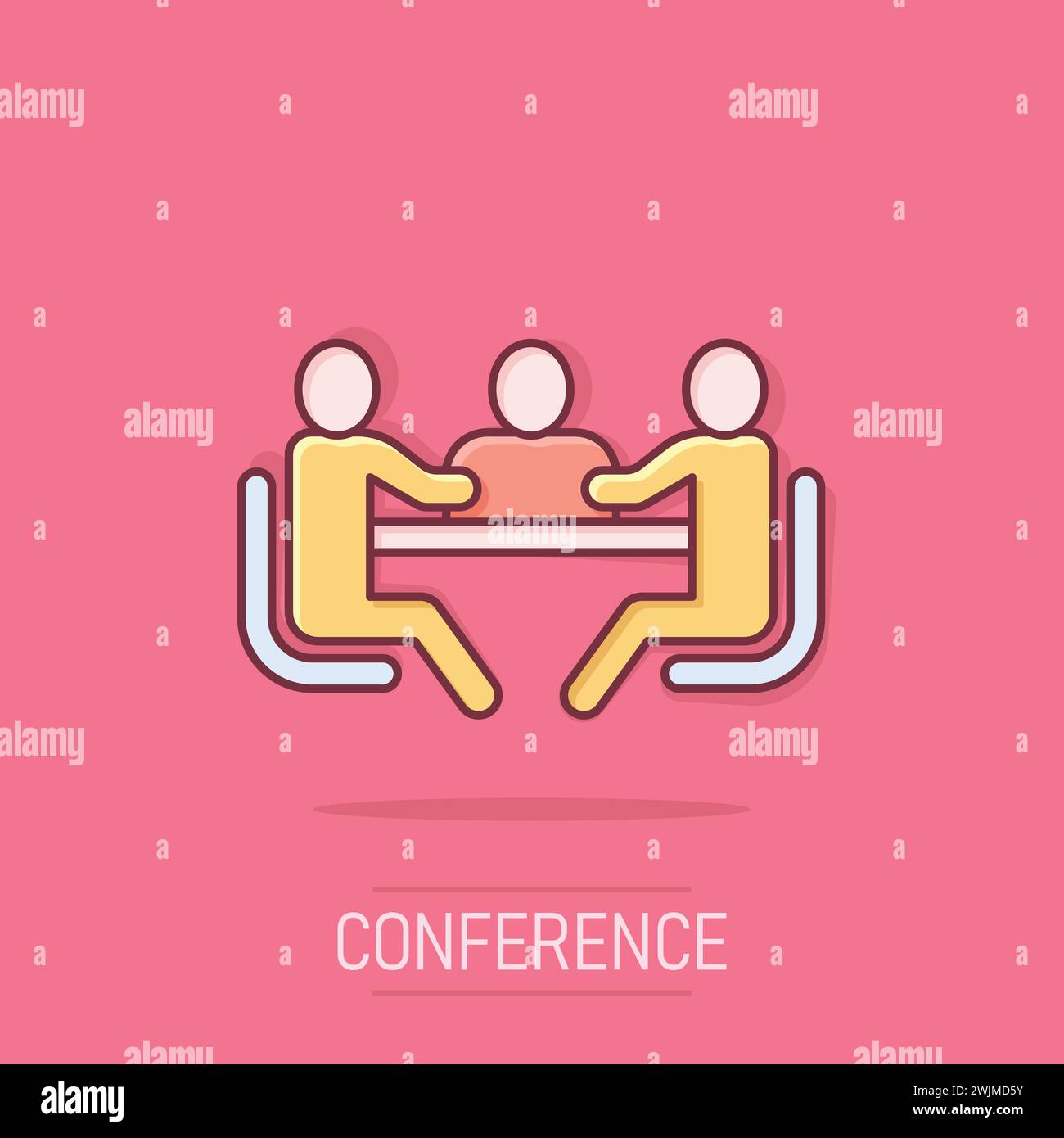People with table icon in comic style. Teamwork conference cartoon ...