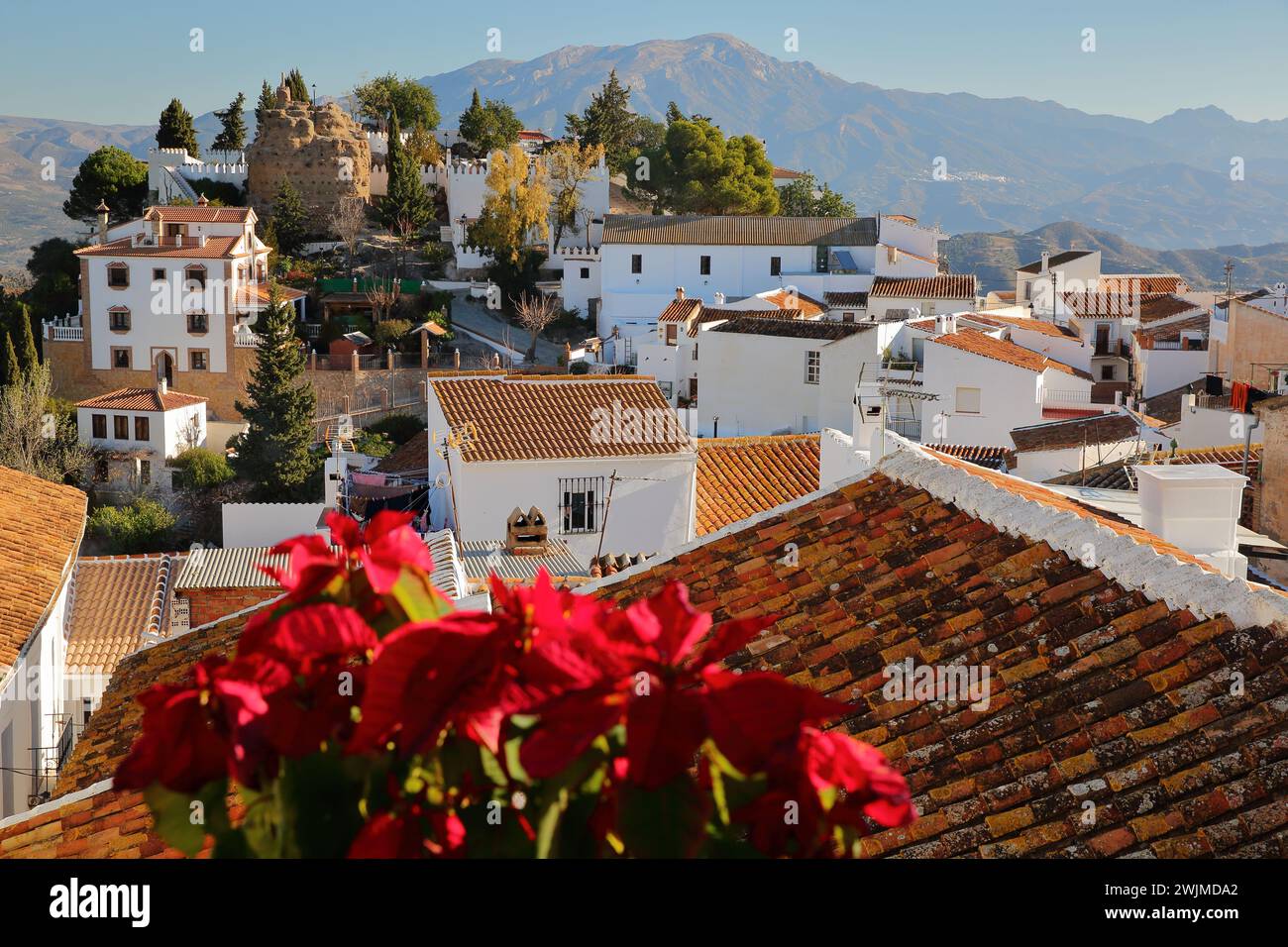 View towards the Arabic castle in Comares, Axarquia, Malaga province ...