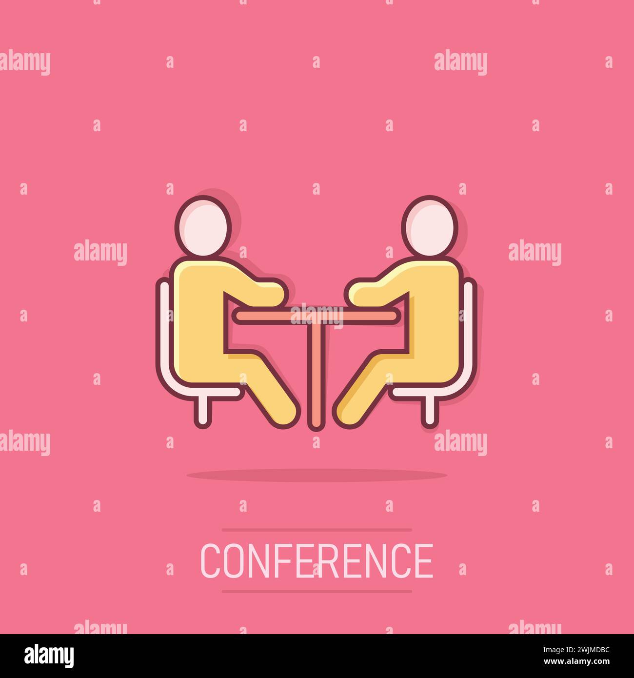 People with table icon in comic style. Teamwork conference cartoon ...