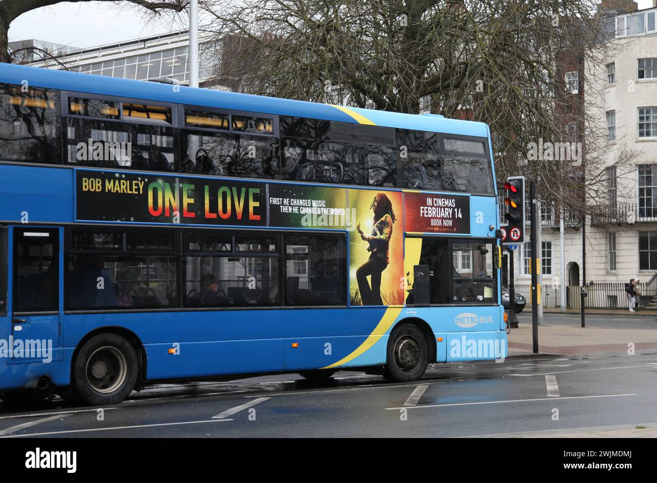 Bus advert for Bob Marley One Love movie film poster, Brighton, England ...