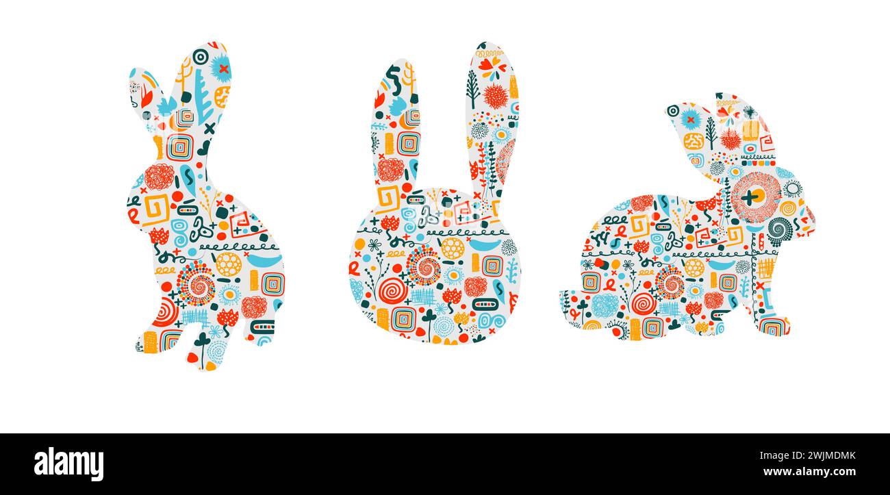 Easter card with bunny. Set of abstract rabbits. Postcard Happy Easter ...