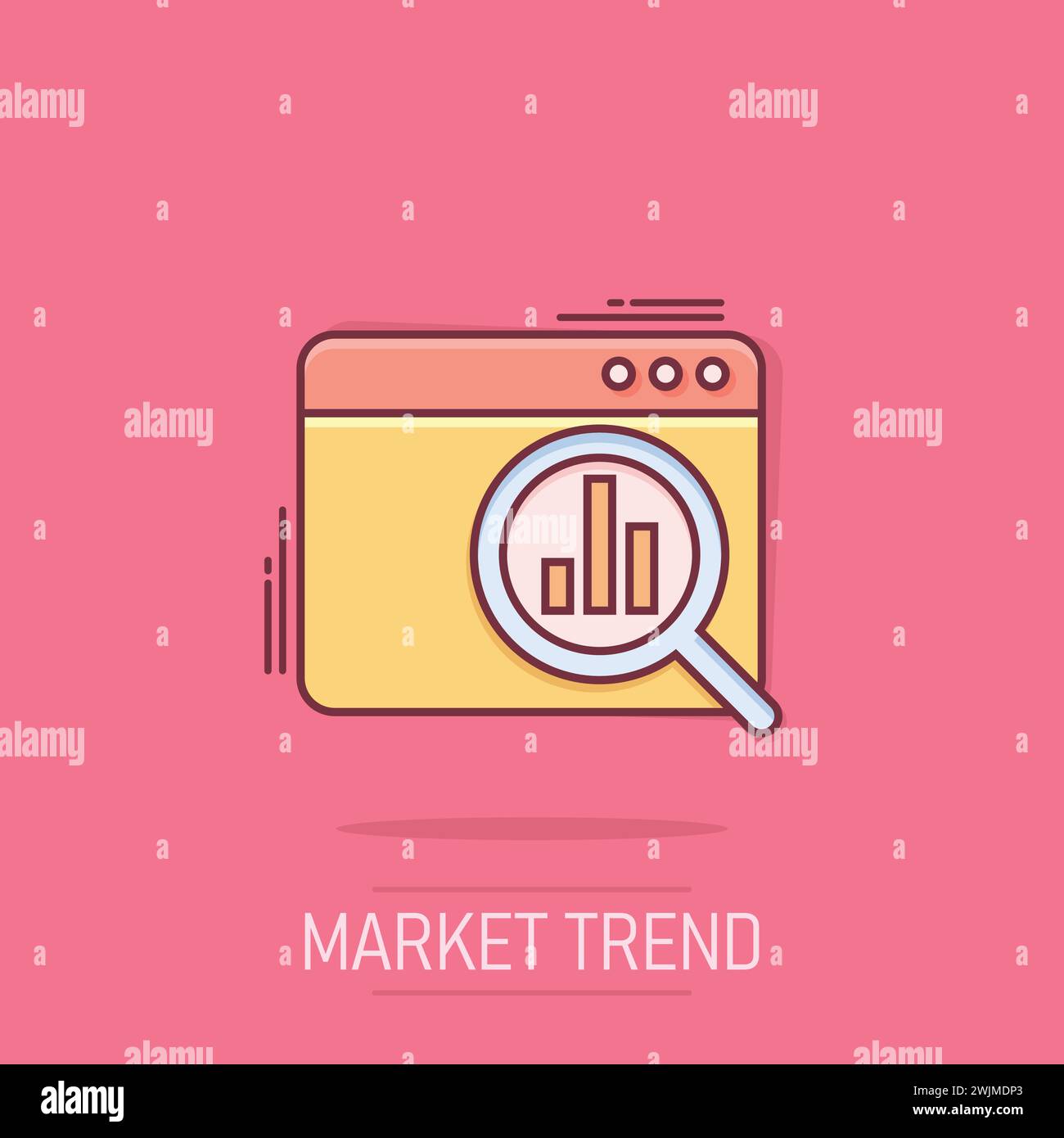Market trend icon in comic style. Growth arrow with magnifier cartoon ...