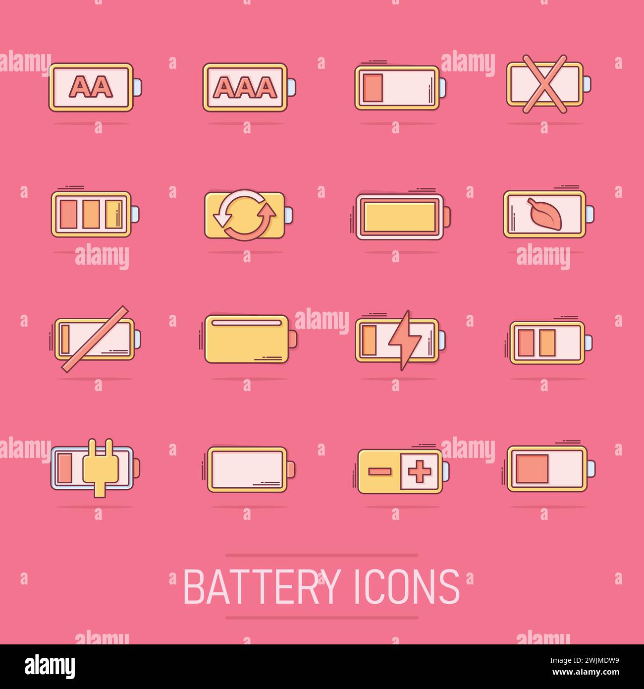 Battery charge icons set in comic style. Power level cartoon vector ...