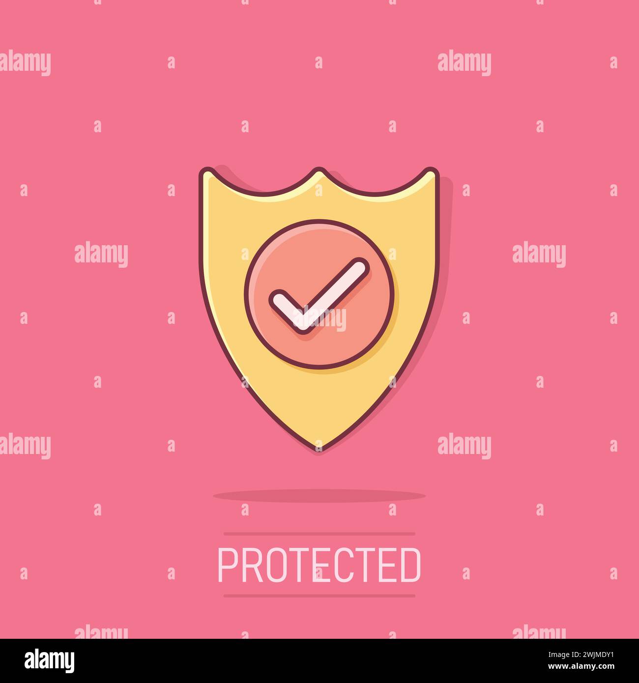 Shield with check mark icon in comic style. Protect cartoon vector ...