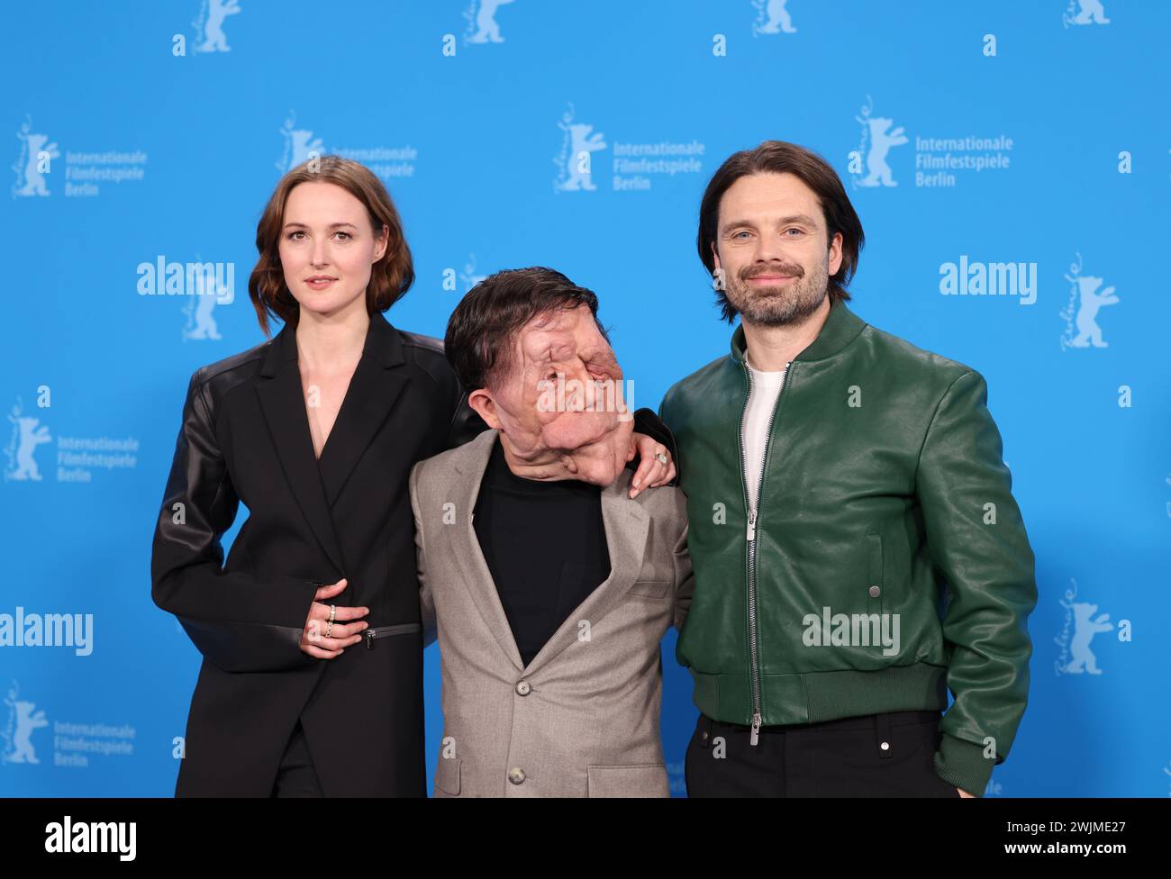 Berlin, Germany. 16th Feb, 2024. Renate Reinsve (l-r), actress, Adam Pearson, actor, and ...