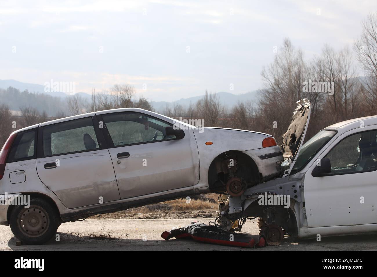 Fire and Rescue Imergency Units at car crash training on highway Stock ...
