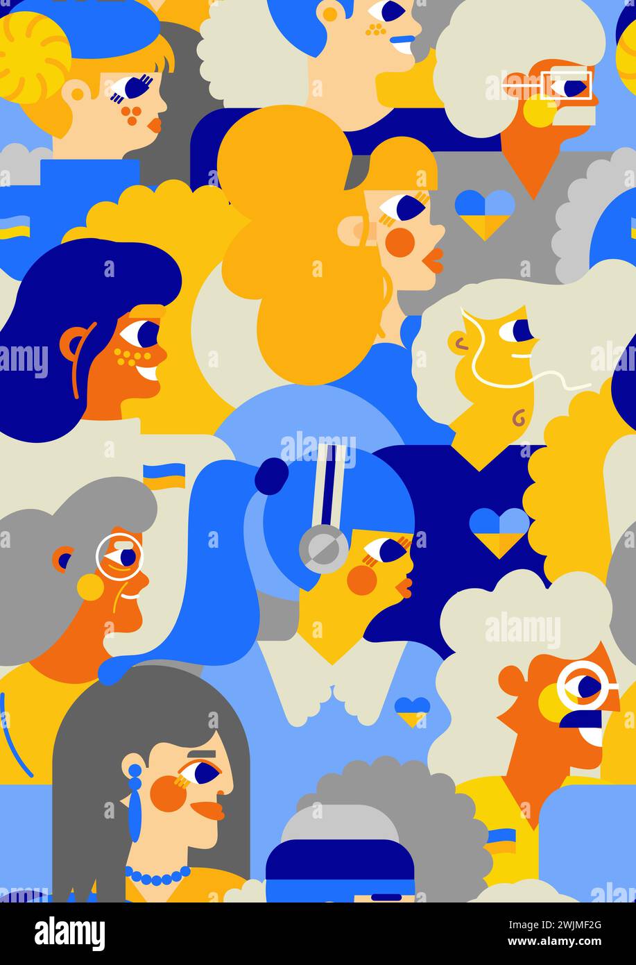 Seamless pattern of Ukrainian people. Modern design, yellow-blue colors ...