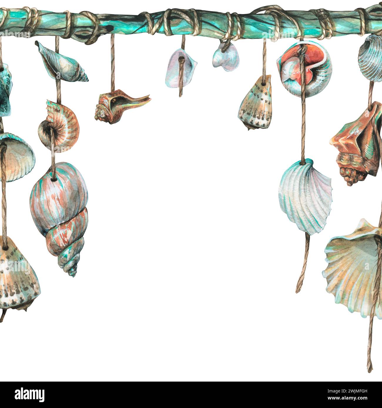 Seashells are hung on turquoise wooden sticks. Hand drawn watercolor ...