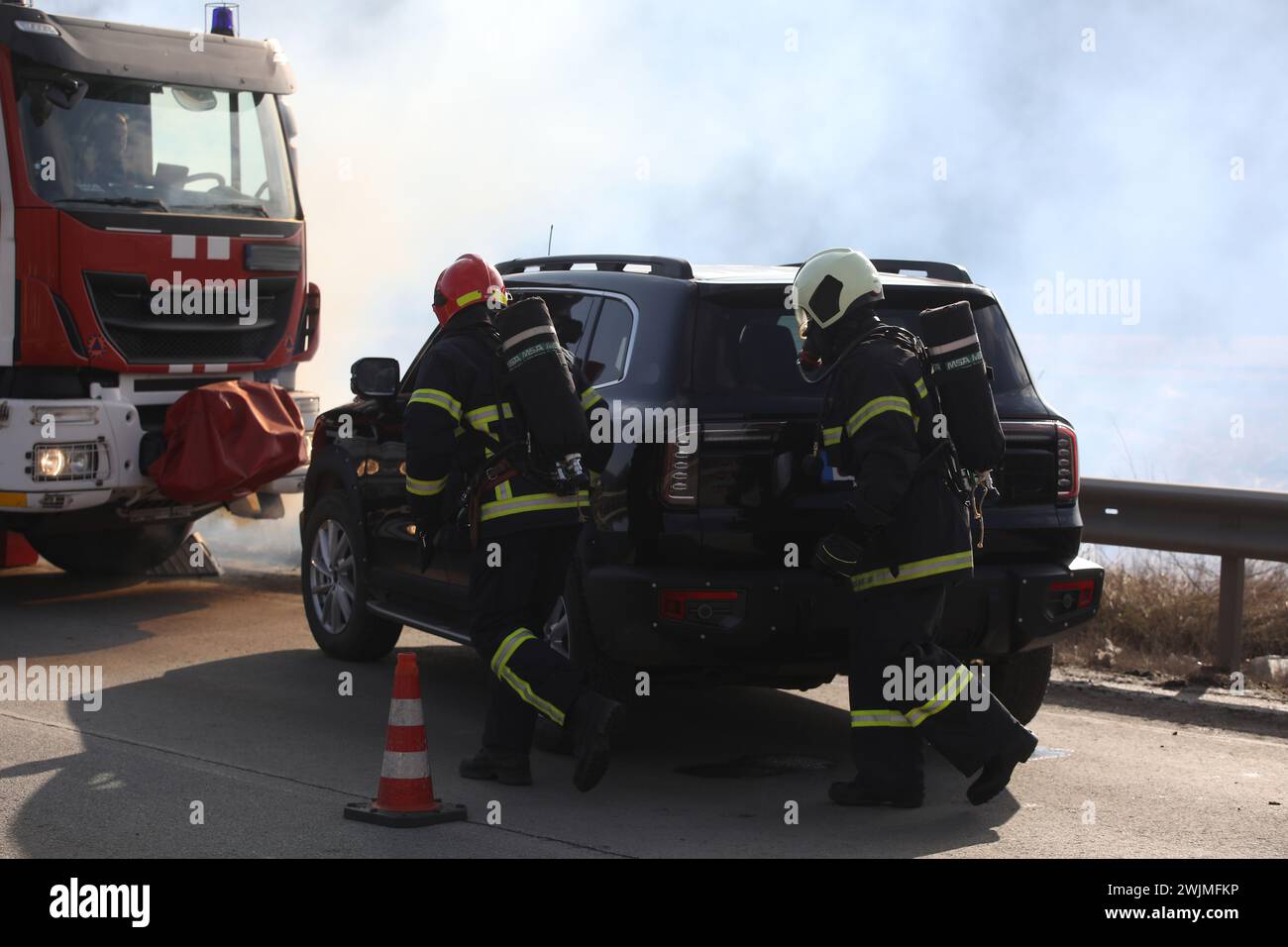 Fire and Rescue Imergency Units at car crash training on highway Stock ...