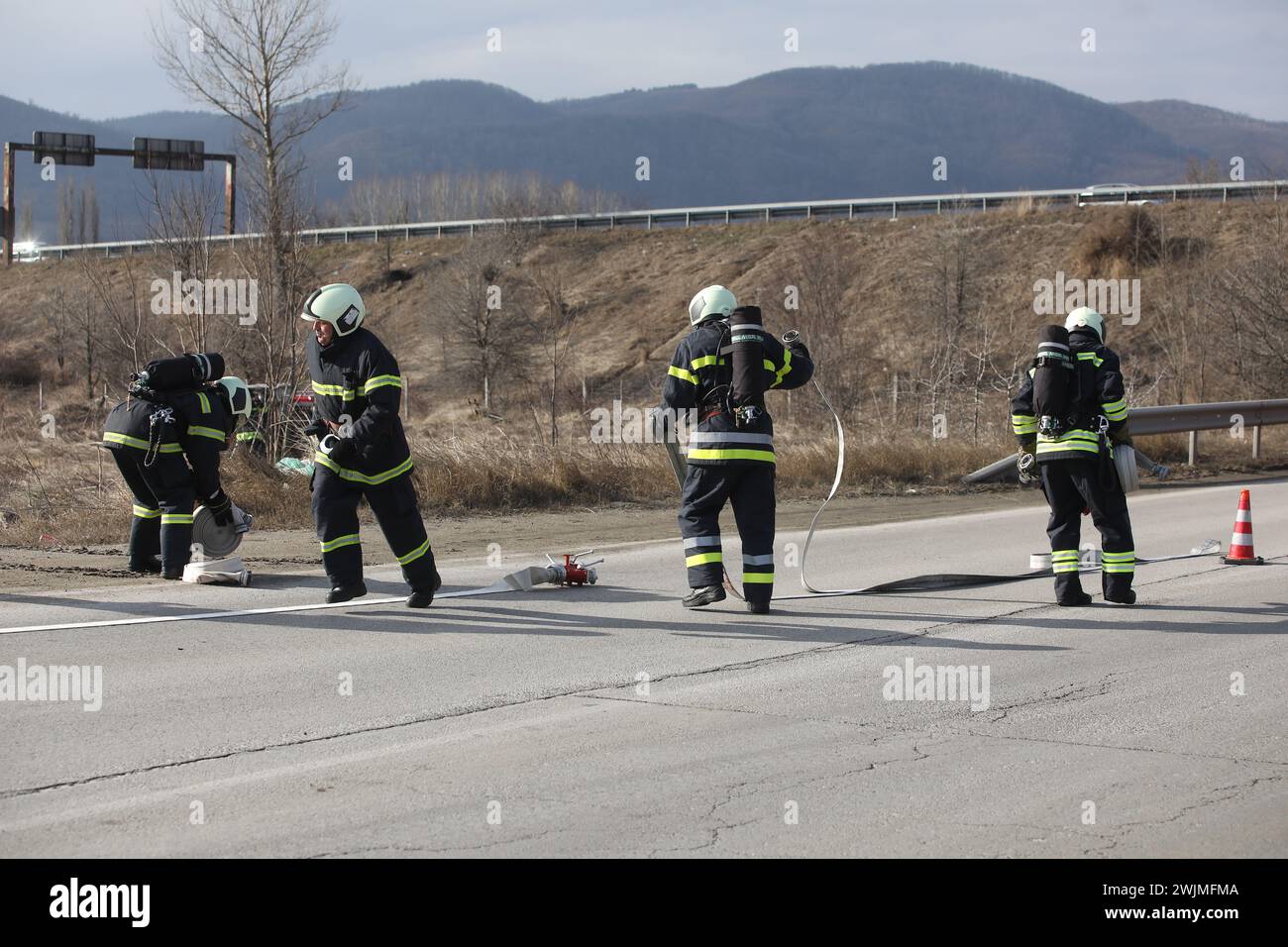 Fire and Rescue Imergency Units at car crash training on highway Stock ...