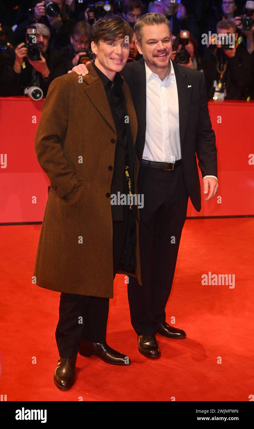 Berlin, Germany. 15th Feb, 2024. Irish actor Cillian Murphy and American actor Matt Damon attend ...