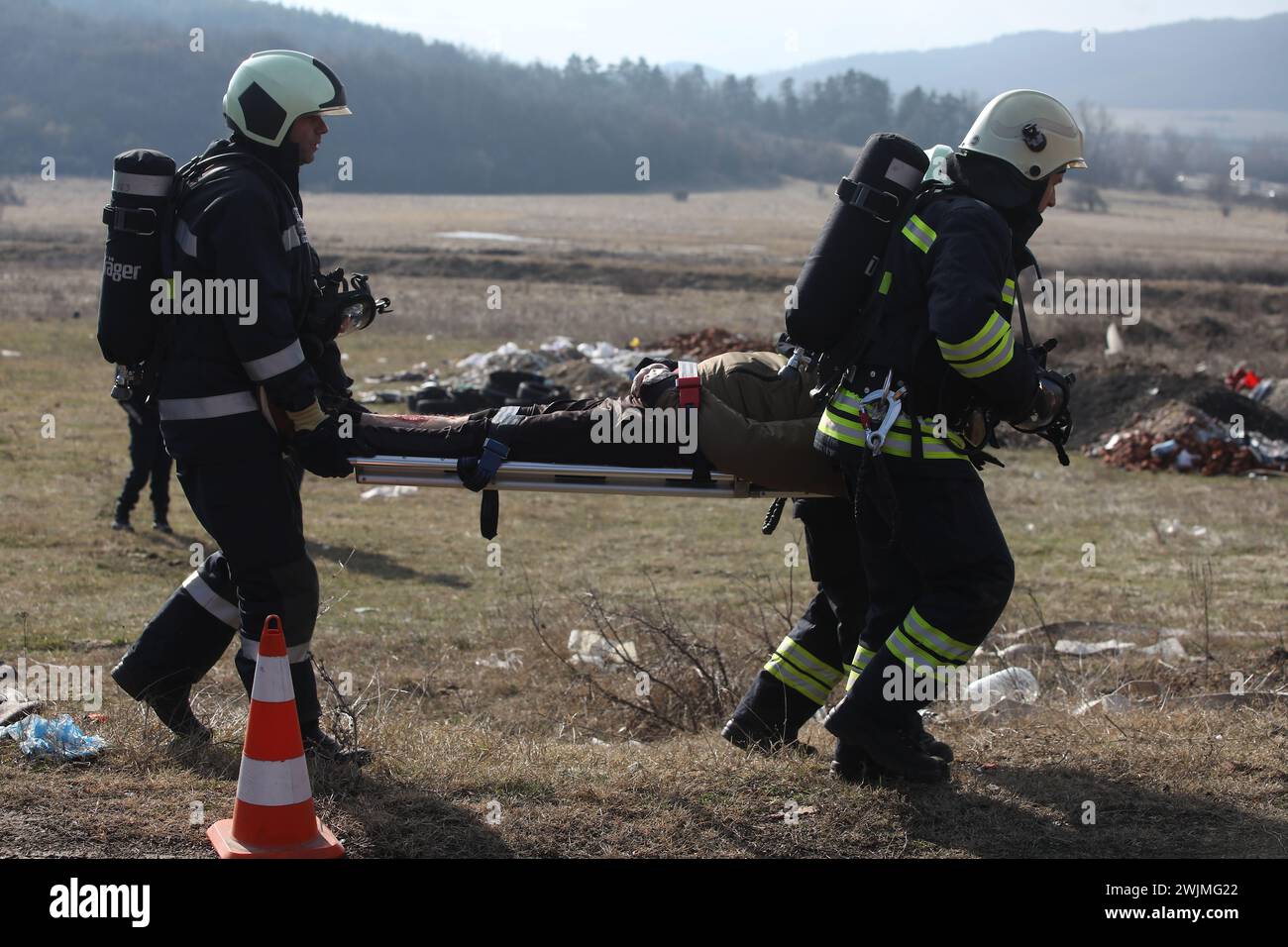 Fire and Rescue Imergency Units at car crash training on highway Stock ...