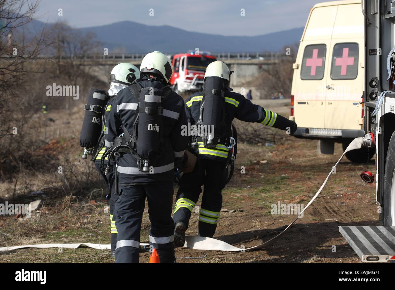 Fire and Rescue Imergency Units at car crash training on highway Stock ...