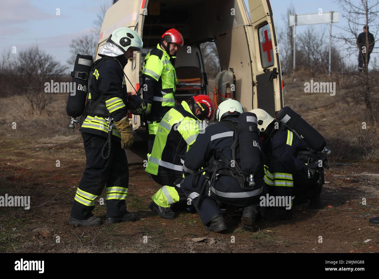 Fire and Rescue Imergency Units at car crash training on highway Stock ...