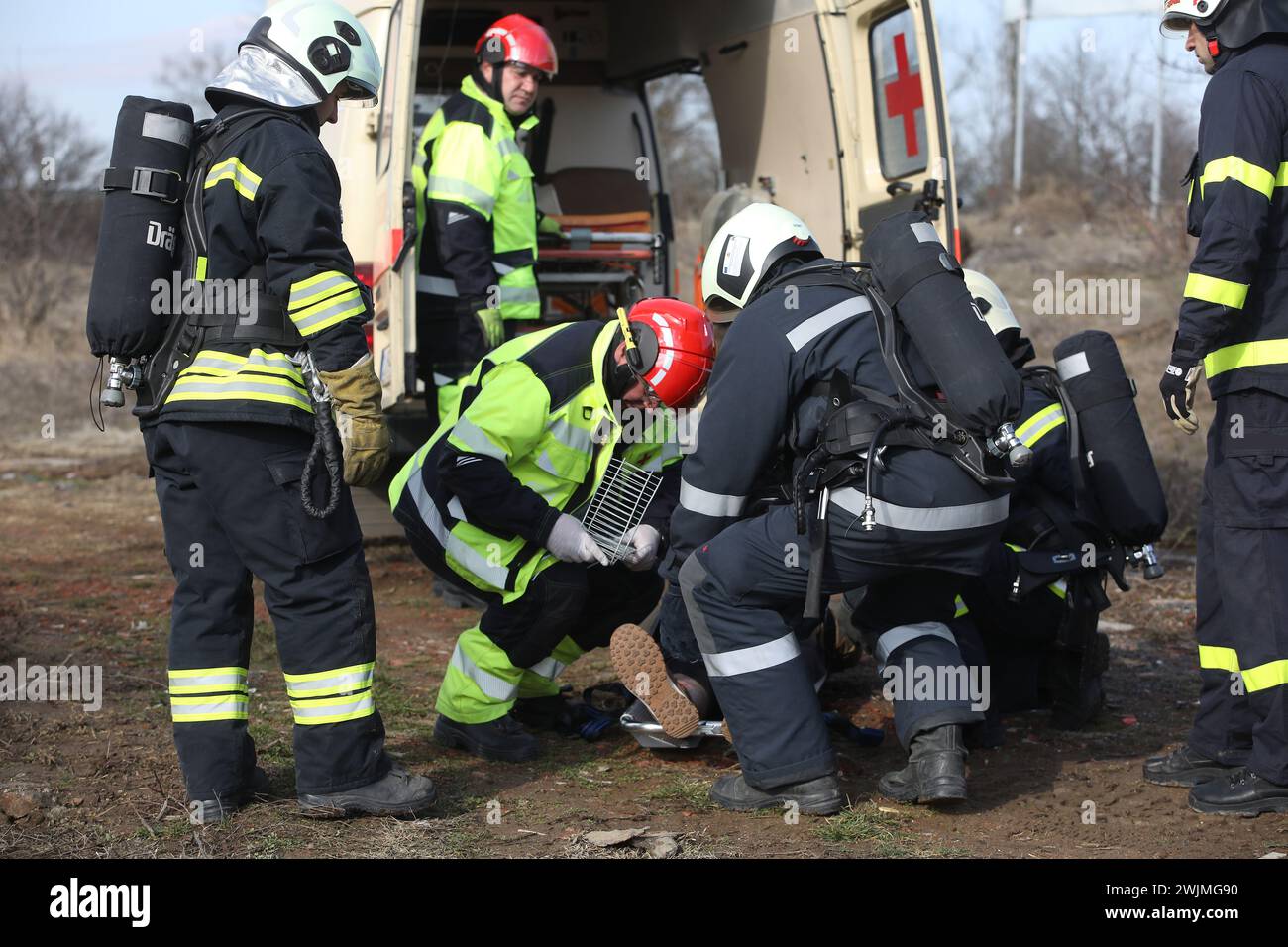 Fire and Rescue Imergency Units at car crash training on highway Stock ...