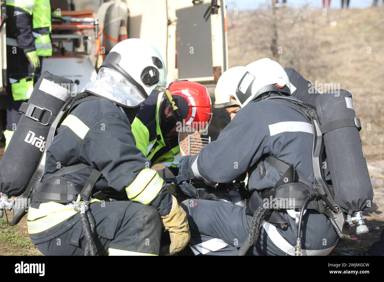 Fire and Rescue Imergency Units at car crash training on highway Stock ...