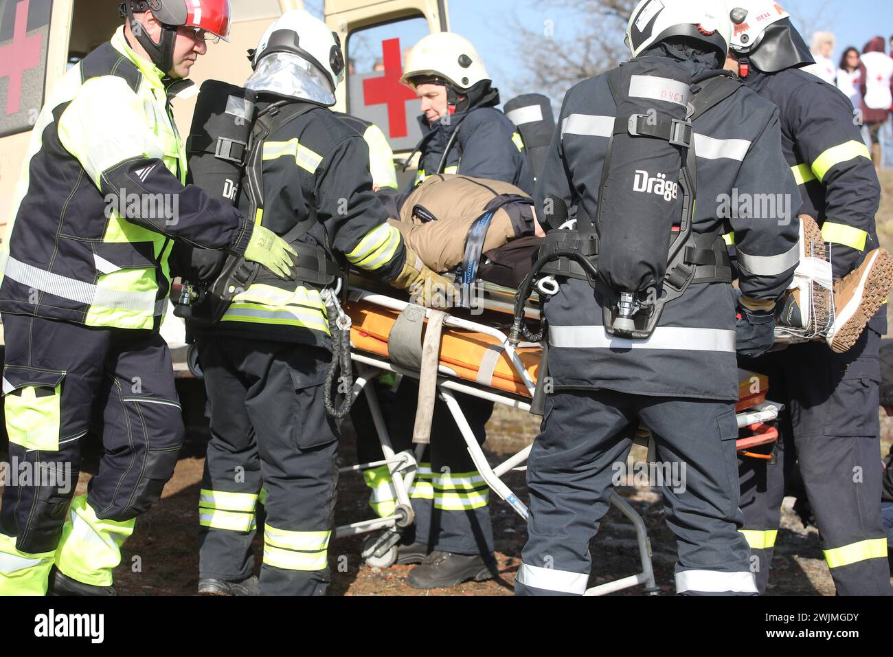 Fire and Rescue Imergency Units at car crash training on highway Stock ...