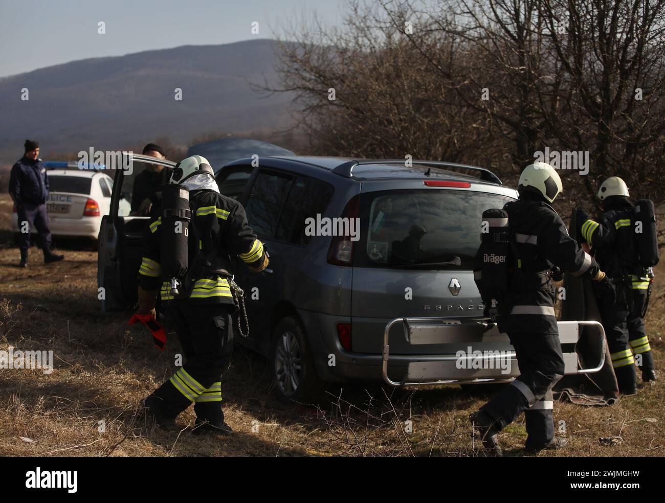 Fire and Rescue Imergency Units at car crash training on highway Stock ...