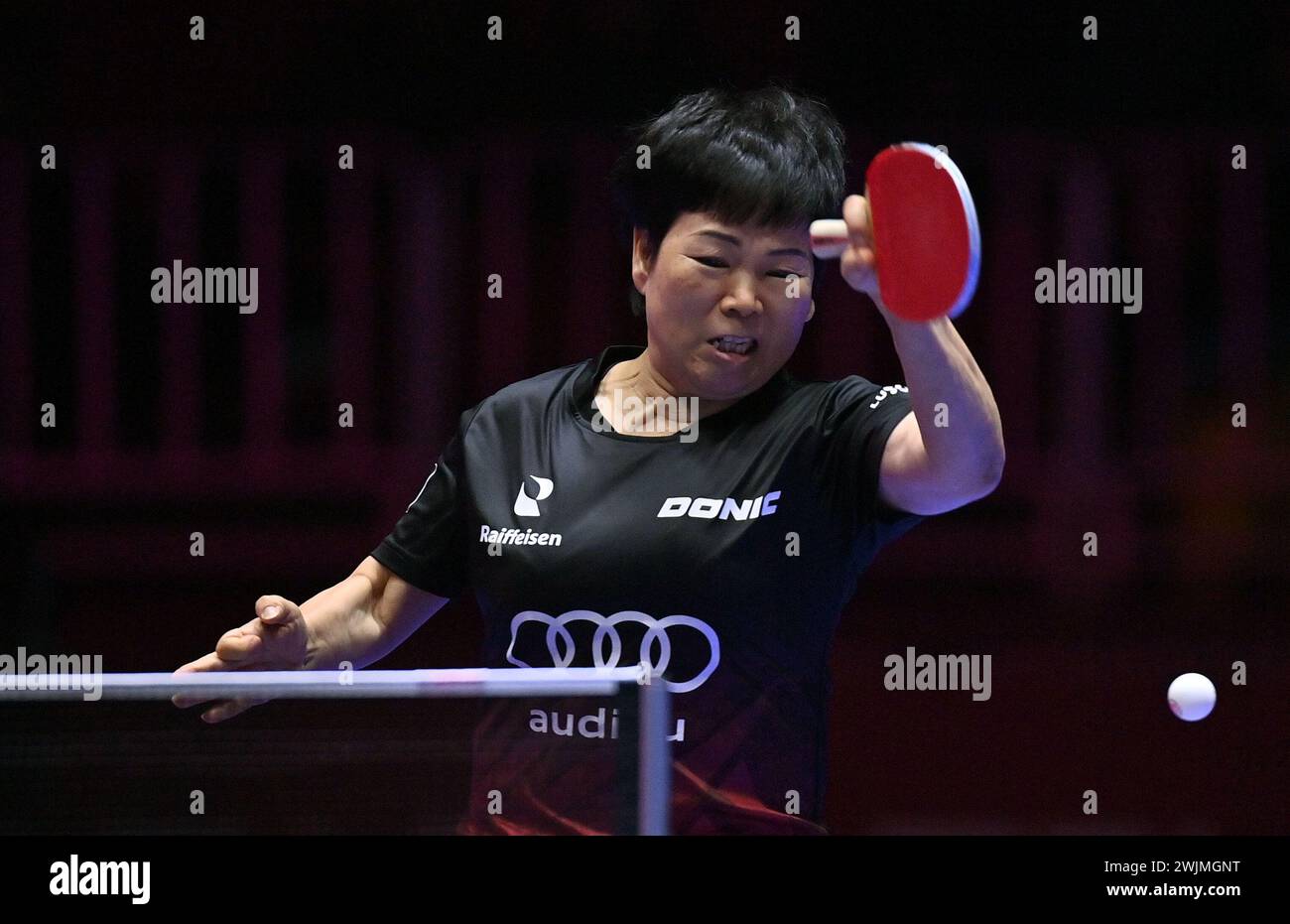 Busan, South Korea. 16th Feb, 2024. Ni Xia Lian of Luxembourg returns the ball to Harimoto Miwa ...