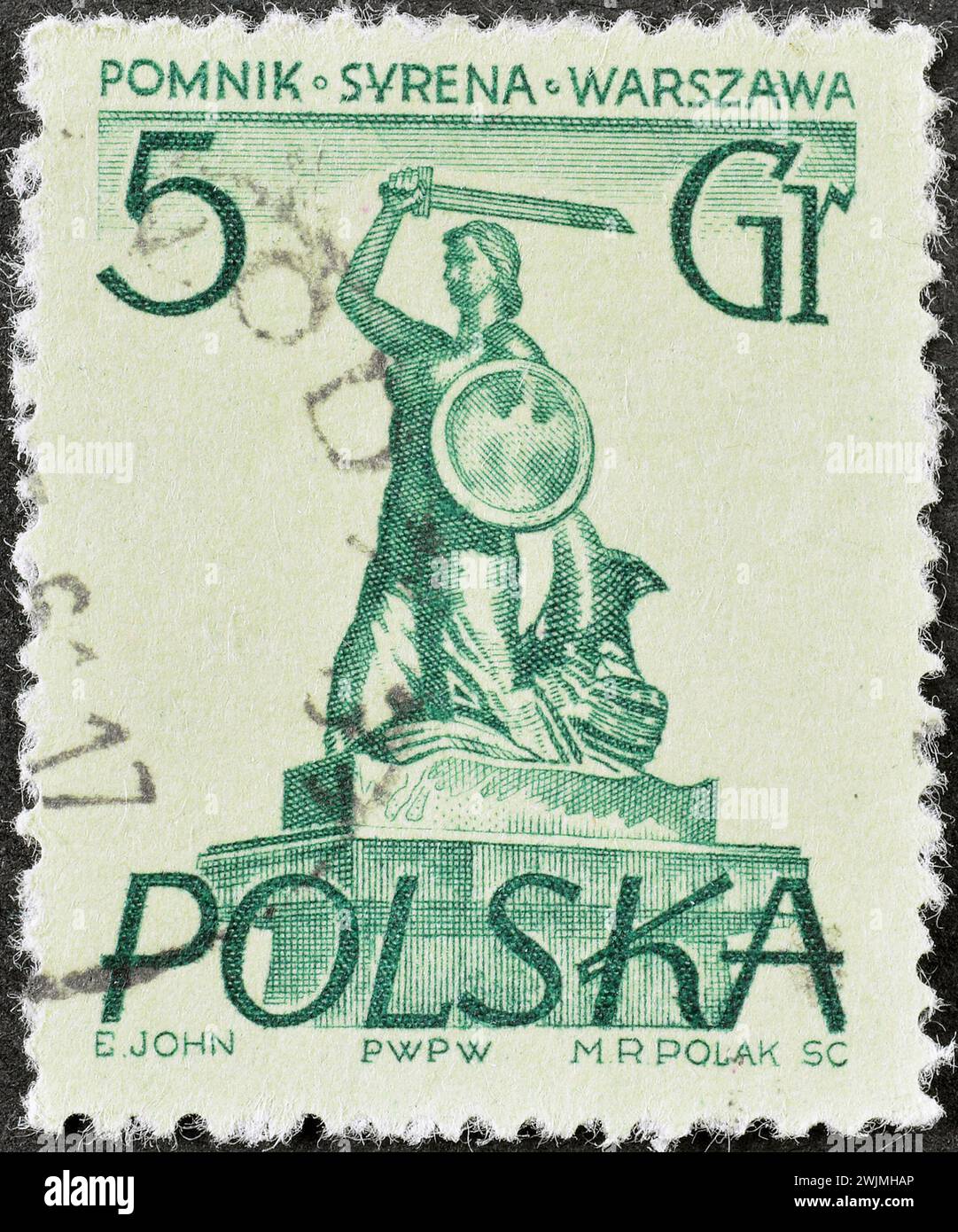 Cancelled postage stamp printed by Poland, that shows Syrena, Warsaw ...