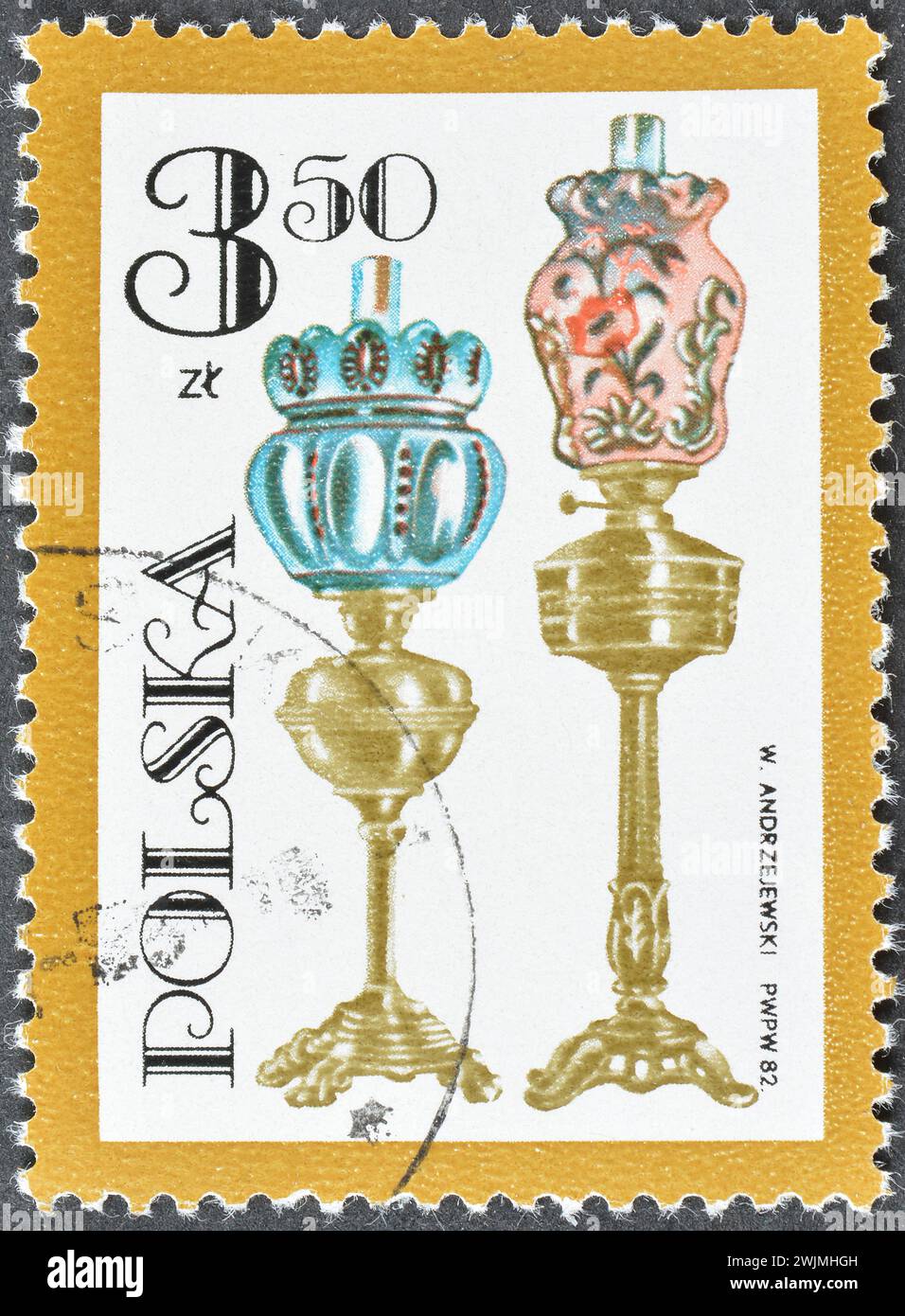 Cancelled postage stamp printed b Poland, that shows Two Oil Lamps with ...