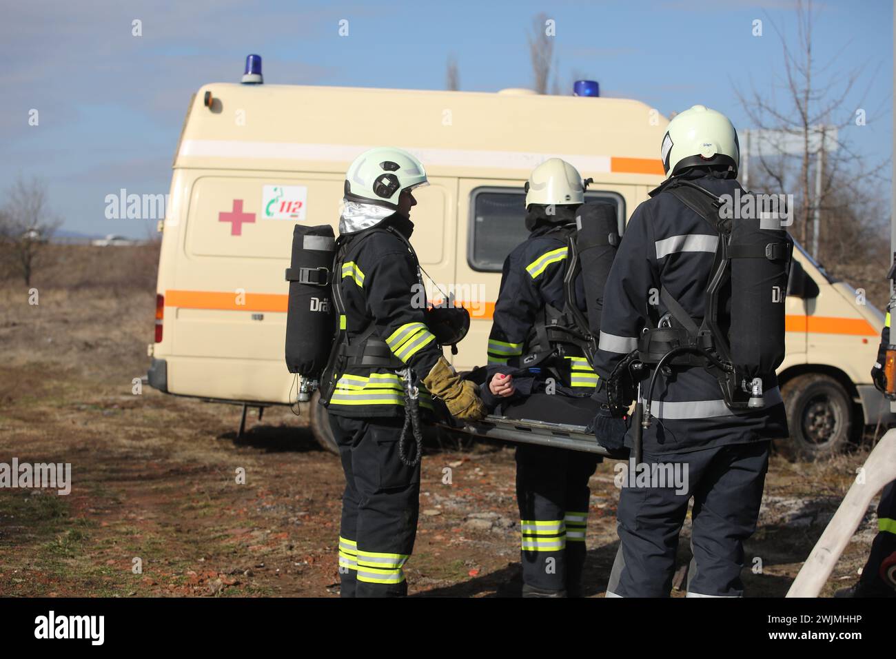 Fire and Rescue Imergency Units at car crash training on highway Stock ...