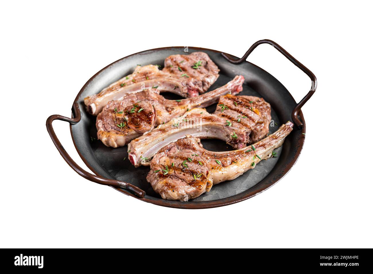 BBQ with Grilled lamb meat chops, mutton steaks with herbs. Isolated on ...