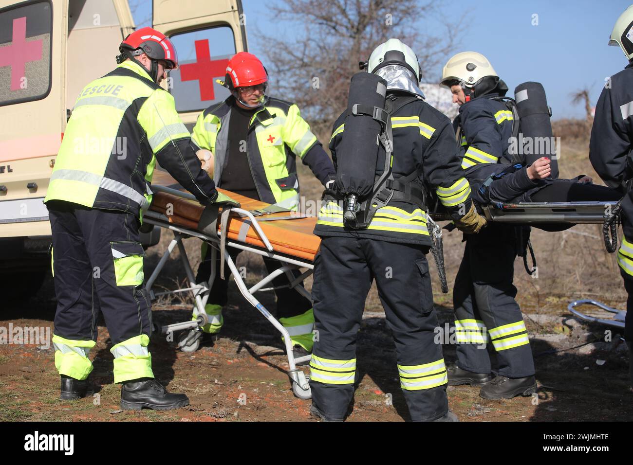 Fire and Rescue Imergency Units at car crash training on highway Stock ...