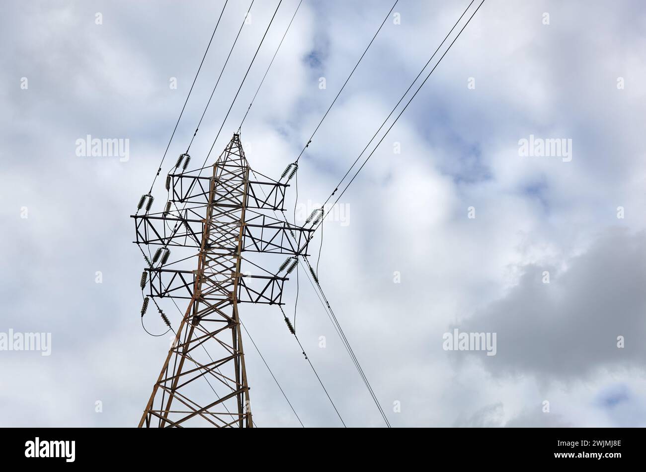 The large high-voltage transmission towers. Steel power pylon ...