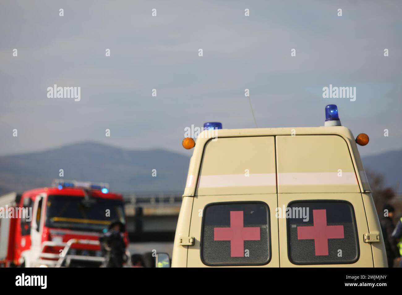 Fire and Rescue Imergency Units at car crash training on highway Stock ...