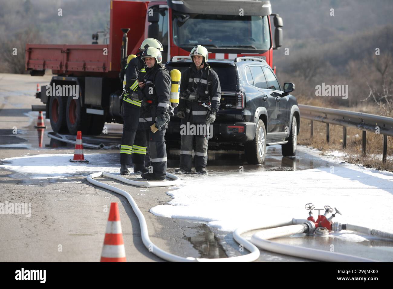 Fire and Rescue Imergency Units at car crash training on highway Stock ...