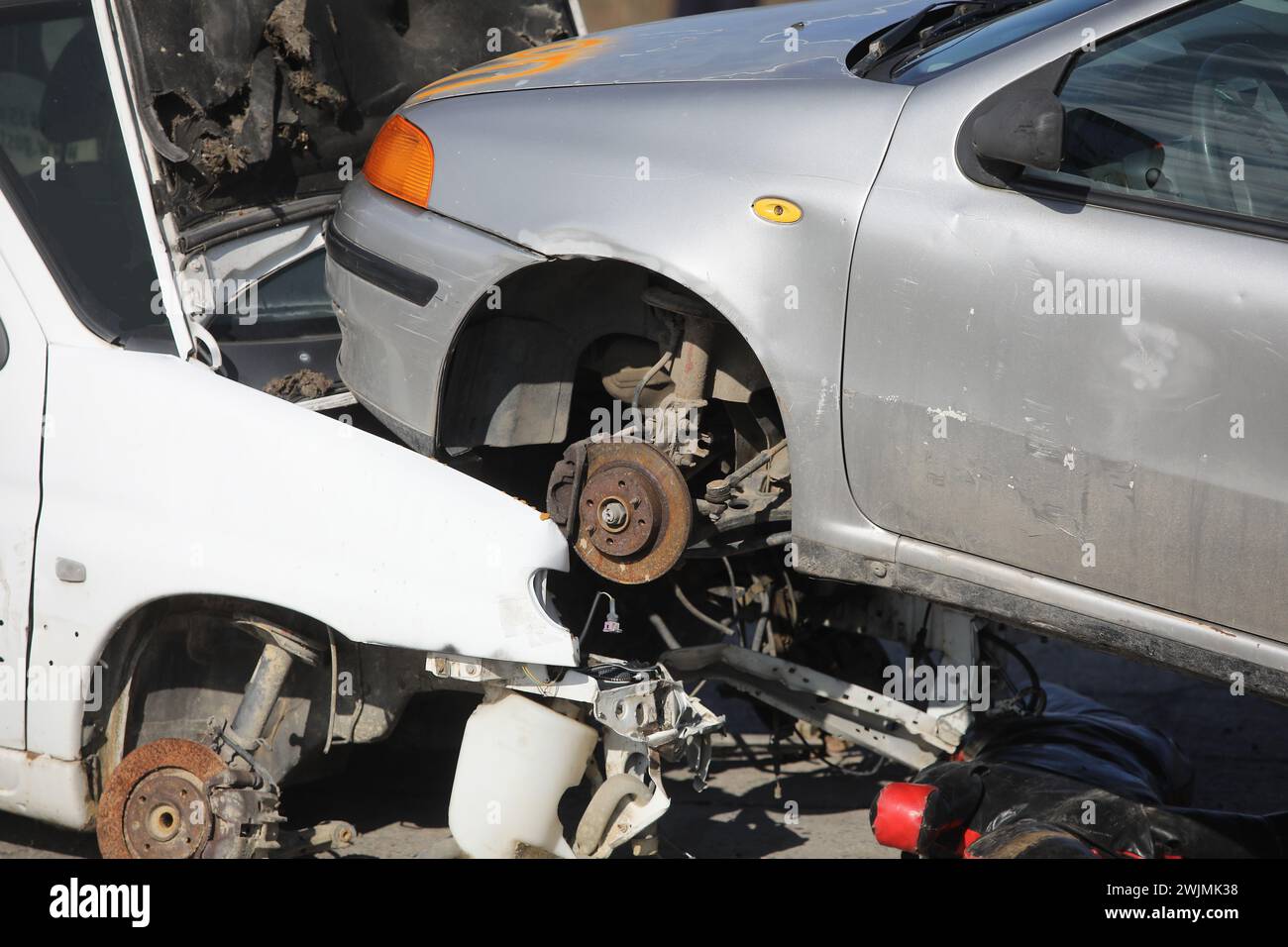 Fire and Rescue Imergency Units at car crash training on highway Stock ...