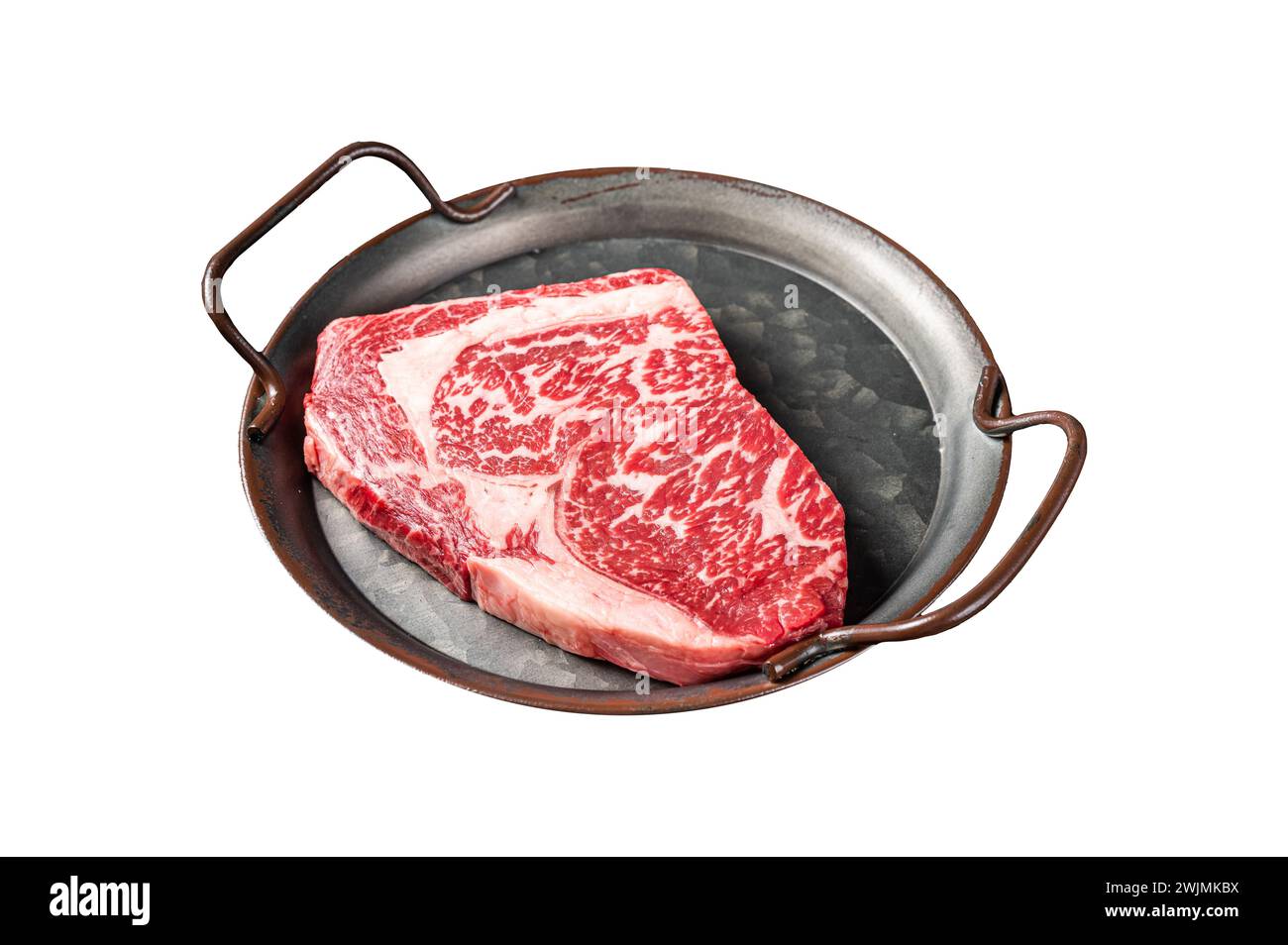 Raw wagyu rib eye beef meat steak in steel tray. Isolated on white ...