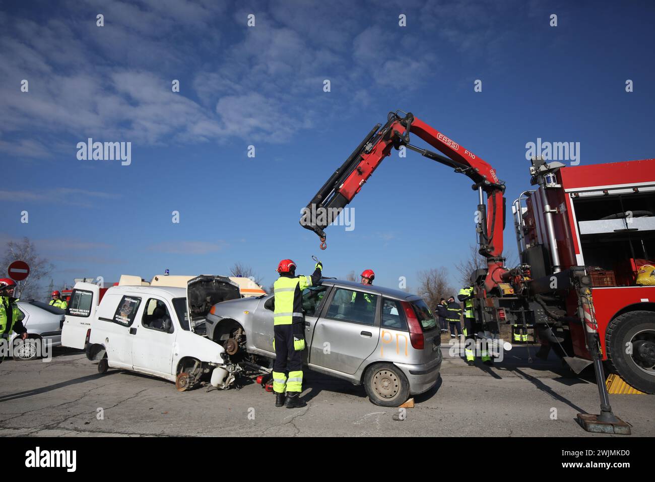 Fire and Rescue Imergency Units at car crash training on highway Stock ...