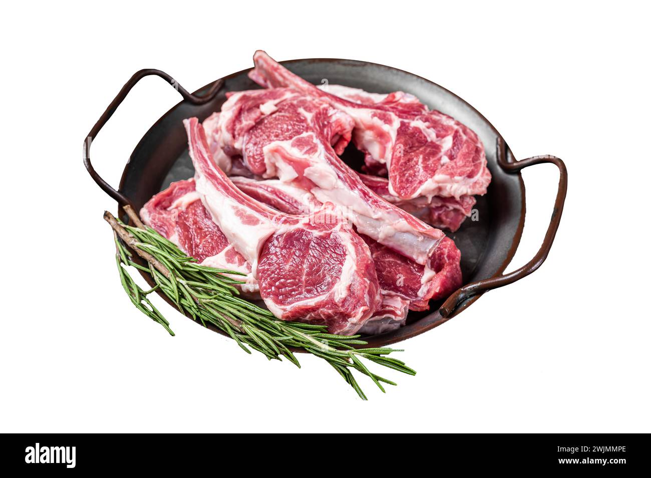 Raw lamb mutton chop steaks, fresh meat cutlets Isolated on white background. Top view Stock ...
